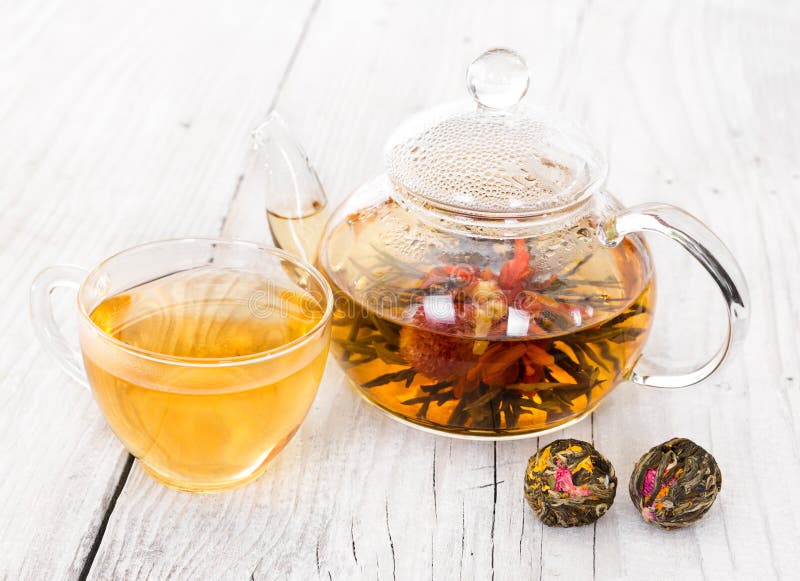 Chinese Flowering Tea in a Glass Teapot Stock Image - Image of clear ...