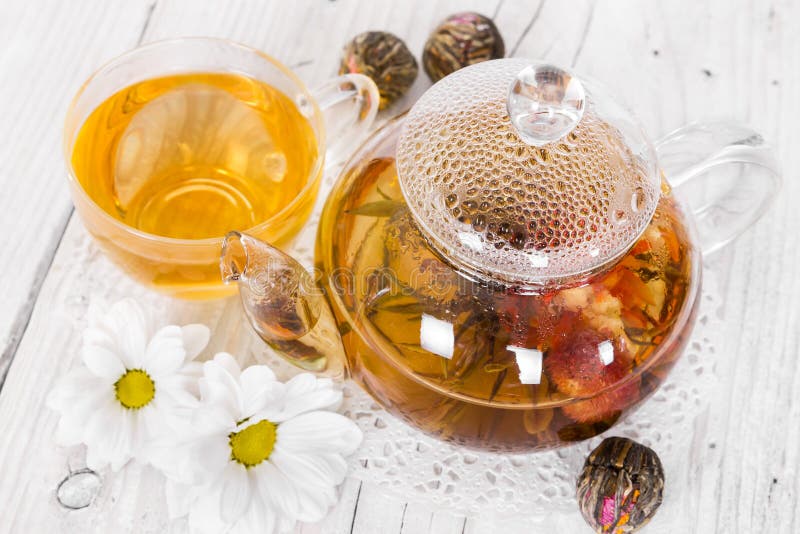 Chinese Flowering Tea in a Glass Teapot Stock Image - Image of clear ...