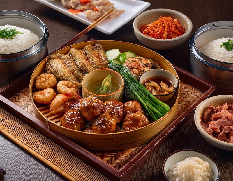 Chinese food on the table stock illustration. Illustration of meat ...