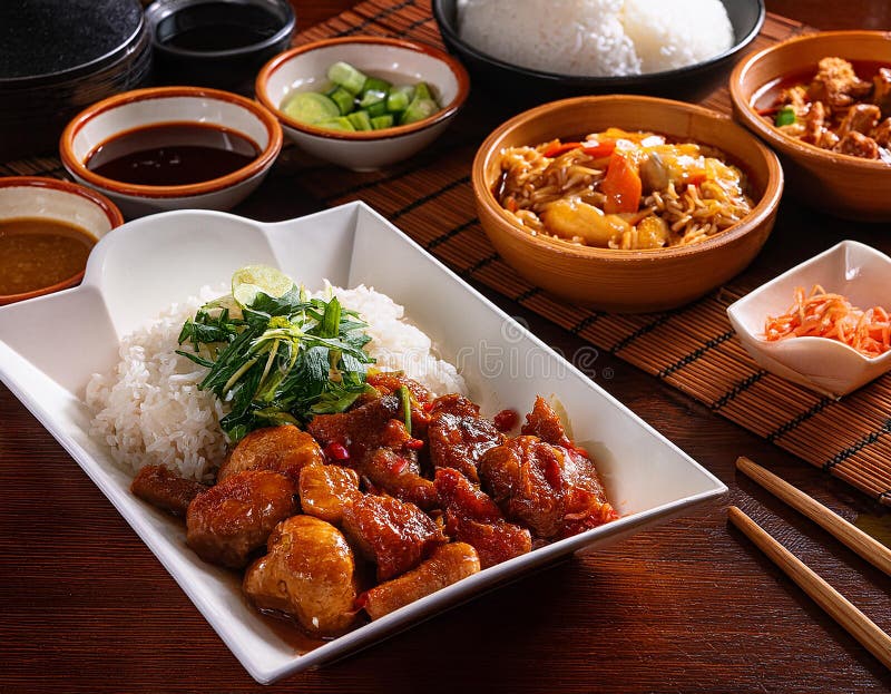 Chinese food on the table stock illustration. Illustration of bowl ...