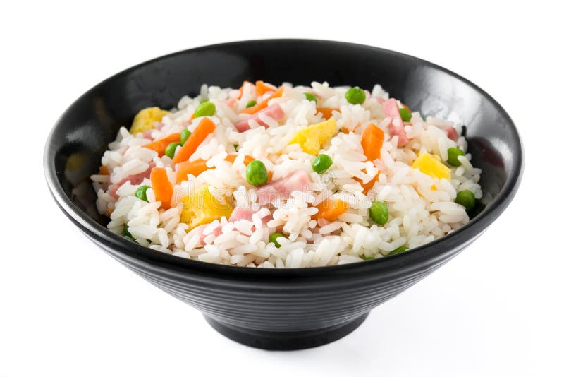 Chinese Fried Rice with Vegetables and Omelette in Black Bowl Isolated ...