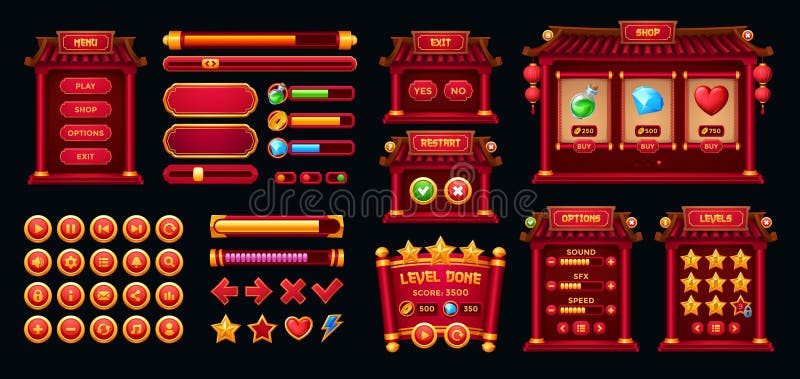 Chinese Game Interface, Gui Buttons, Frames Asset Stock Vector ...