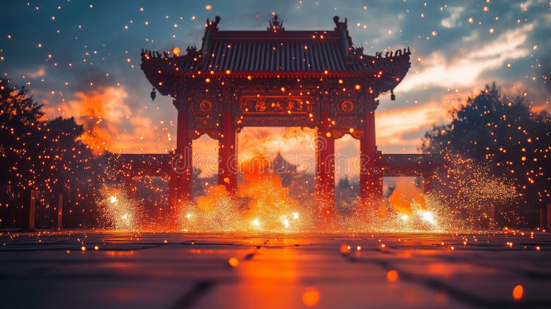 Illuminated Chinese Gate with Sparks at Dusk in a Serene Landscape ...