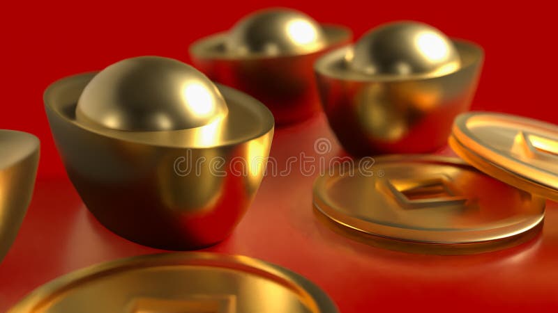 Chinese Gold and Coins on Red Background 3d Rendering Stock ...