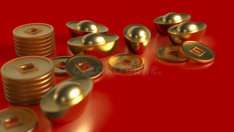 Chinese Gold and Coins on Red Background 3d Rendering Stock ...