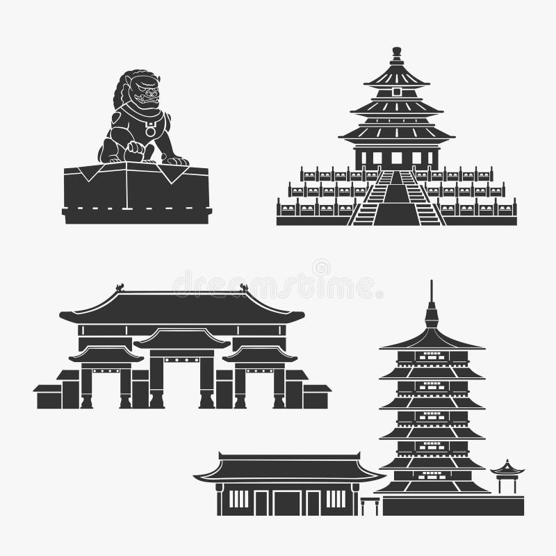 Chinese Historical Buildings Symbol Vector Set Stock Illustration ...