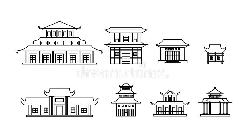 Chinese House Building Set in Black and White Stock Vector ...