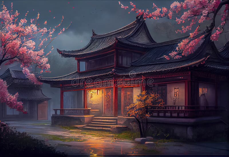 Chinese House at Sunset. Ia Generative. Stock Illustration ...