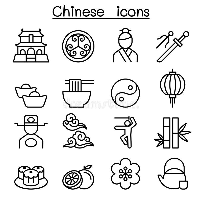 Chinese Icon Set in Thin Line Style Stock Illustration - Illustration ...