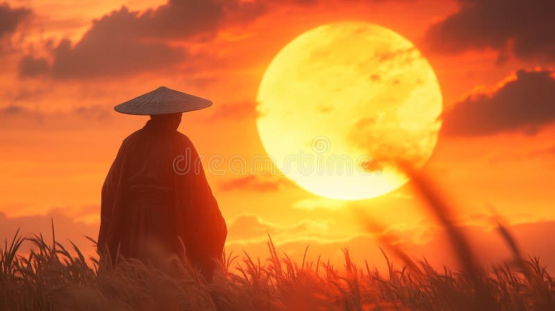 A Chinese Individual in a Hat, Highlighted by the Sunset in the ...