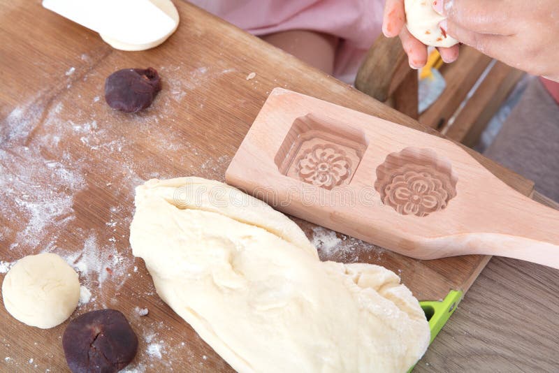 Chinese Kids and Mom Make Moon Cakes by Hand Stock Photo - Image of ...