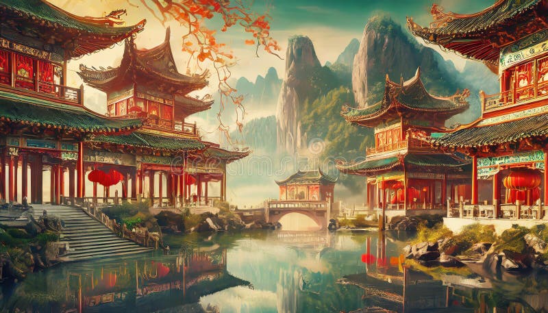 Chinese Landscape with Forest and Mountains in the Background, Fantasy ...