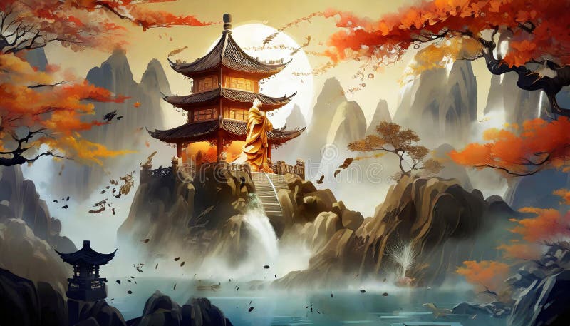 Chinese Landscape with Forest and Mountains in the Background, Fantasy ...