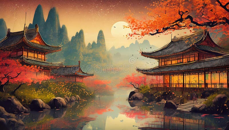 Chinese Landscape with Forest and Mountains in the Background, Fantasy ...