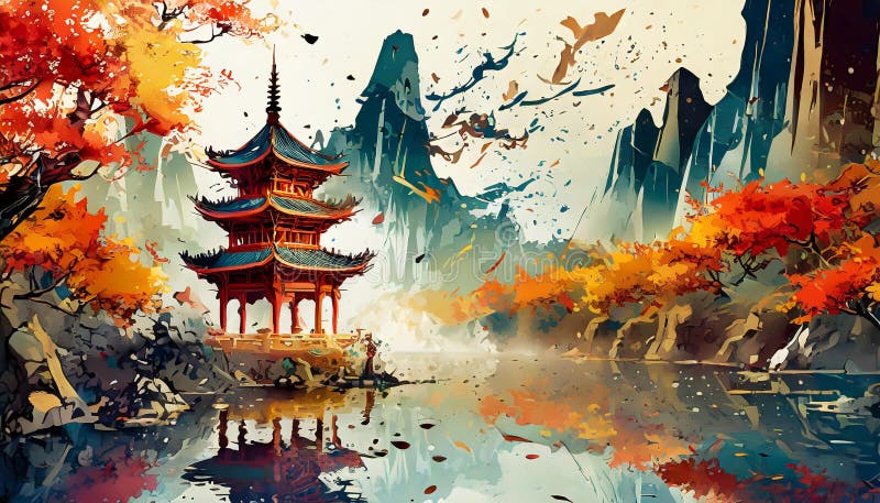 Chinese Landscape with Forest and Mountains in the Background, Fantasy ...