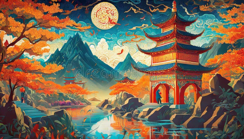 Chinese Landscape with Forest and Mountains in the Background, Fantasy ...