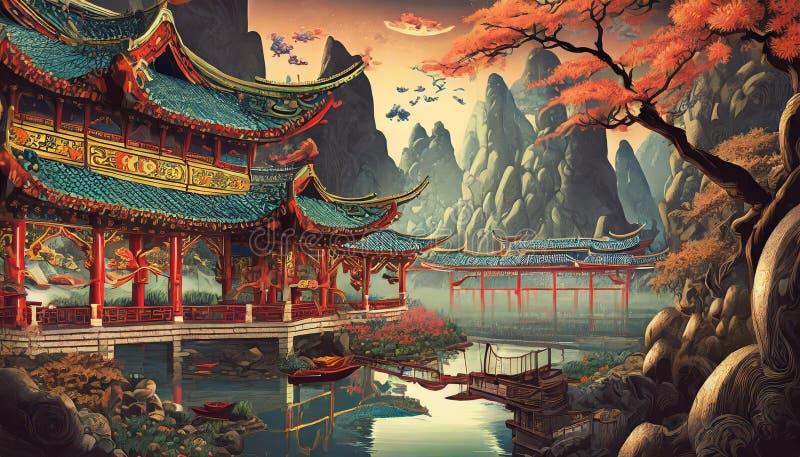 Chinese Landscape with Forest and Mountains in the Background, Fantasy ...