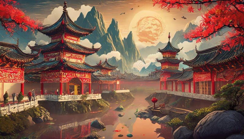 Chinese Landscape with Forest and Mountains in the Background, Fantasy ...