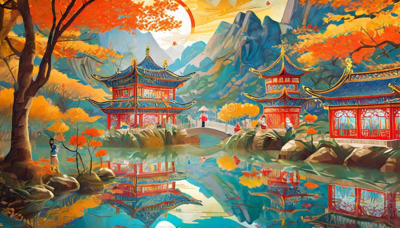Chinese Landscape with Forest and Mountains in the Background, Fantasy ...