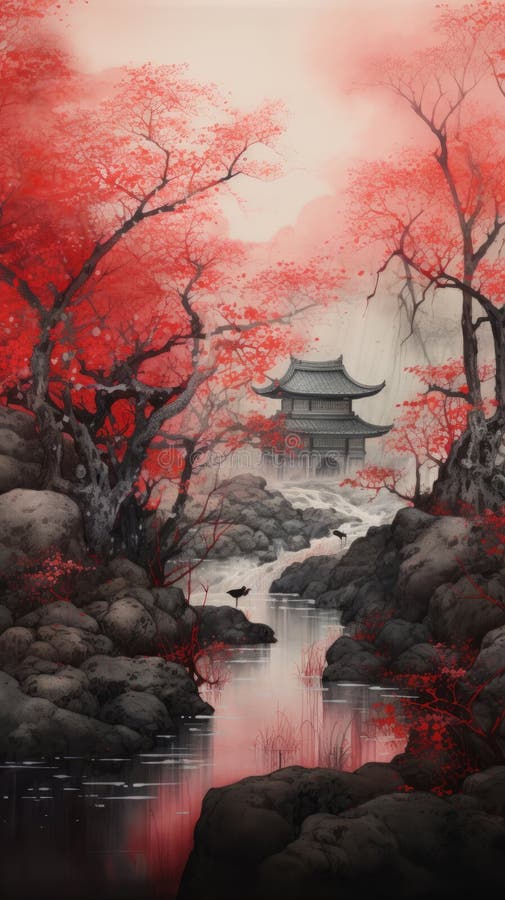 A Chinese Landscape Painting with Majestic Mountain Backdrop Stock ...