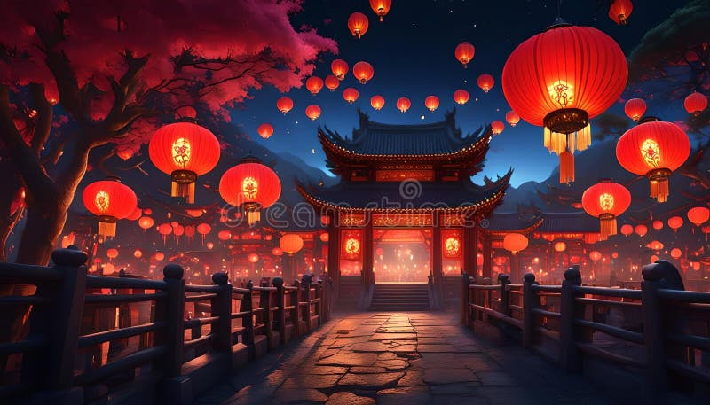 Chinese Lantern Lights a Path To a Gate Stock Photo - Image of glowing ...