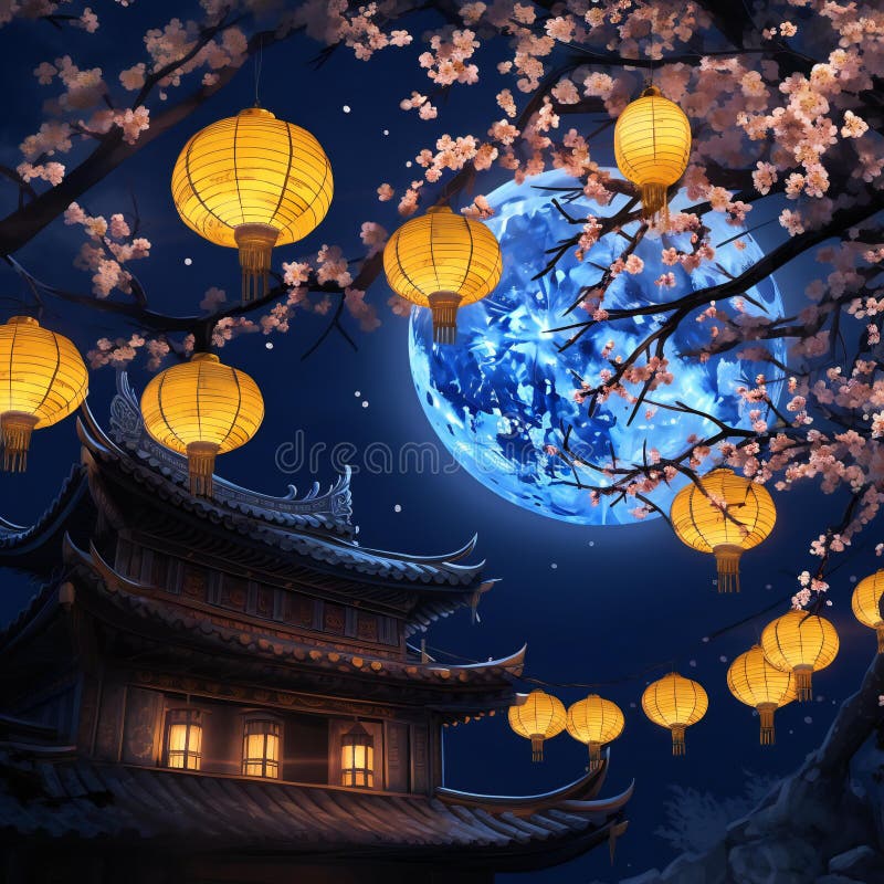 Chinese Lanterns and Cherry Blossoms, Full Moon in the Sky Stock ...