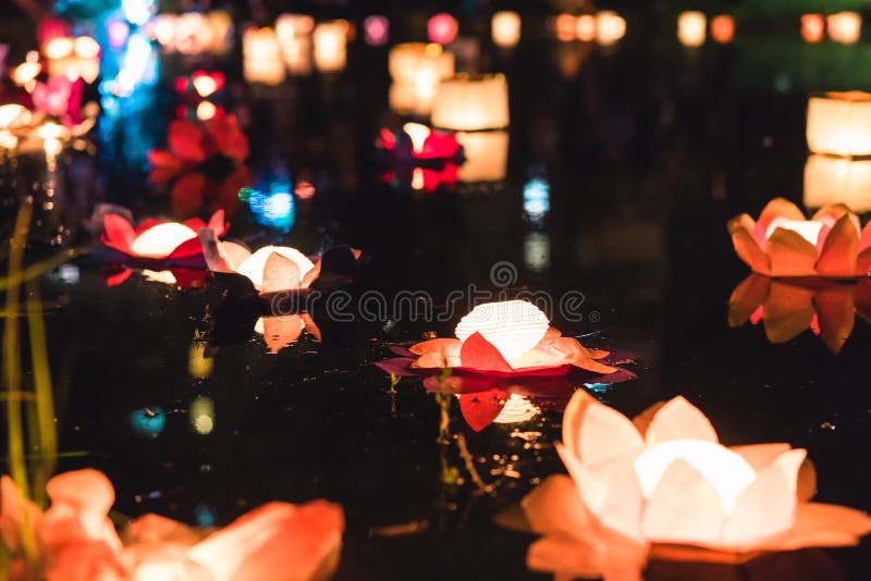 Chinese Lanterns Floating in Lake Stock Photo - Image of candle, dark ...