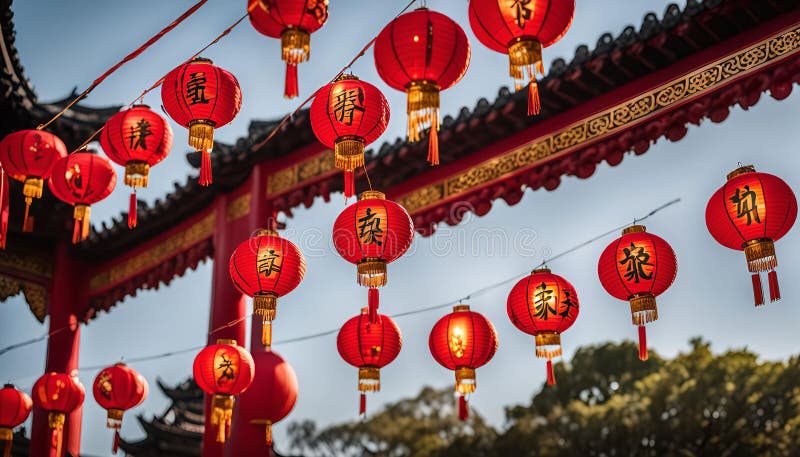 Chinese Lanterns Hanging in Front of a Temple Stock Illustration ...