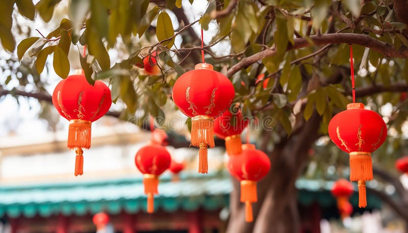 Chinese Lanterns Hanging on Tree, Illuminating Winter Night Outdoors ...