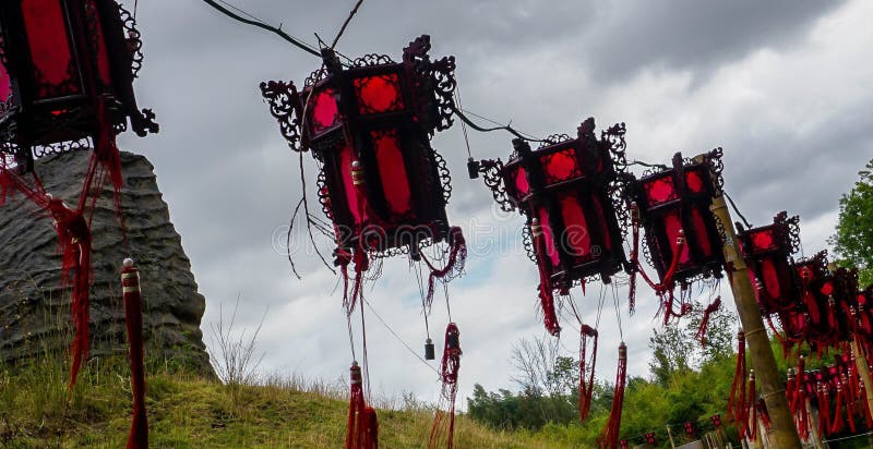 Red Chinese Lanterns Flying into the Wind Stock Image - Image of bamboo ...