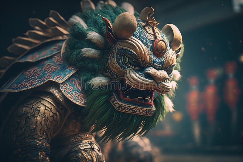 Chinese Lion Dance Portrait with Dark Background Stock Illustration ...