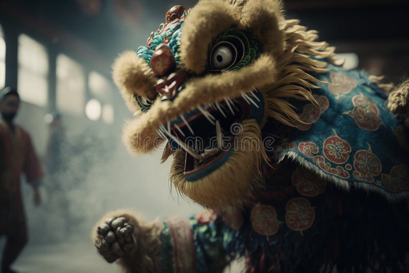 Chinese Lion Dance Portrait with Dark Background Stock Illustration ...
