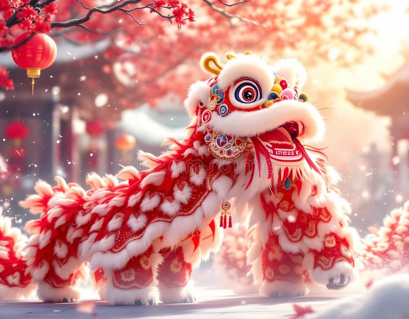 Chinese Lion Dance with Red and White Feathers. Generated Ai Stock ...