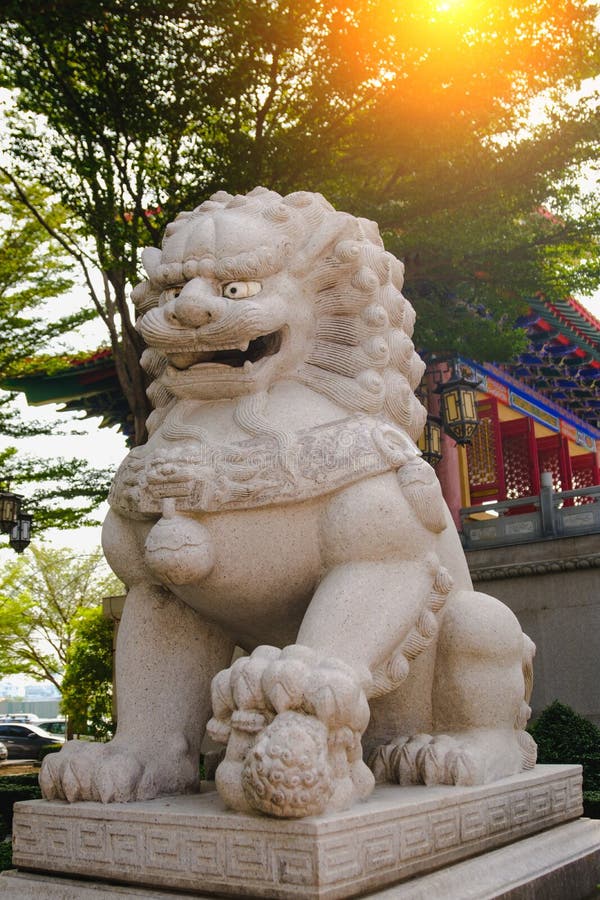 Chinese Lion Stone in Front of Chinese Temple Stock Image - Image of ...