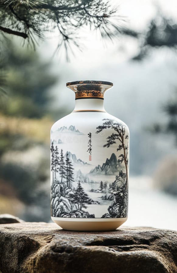Chinese Liquor Bottle with White Label and Pine Tree Pattern in Forest ...