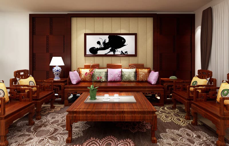 Chinese Living Room, 3D Illustration Background Stock Illustration ...