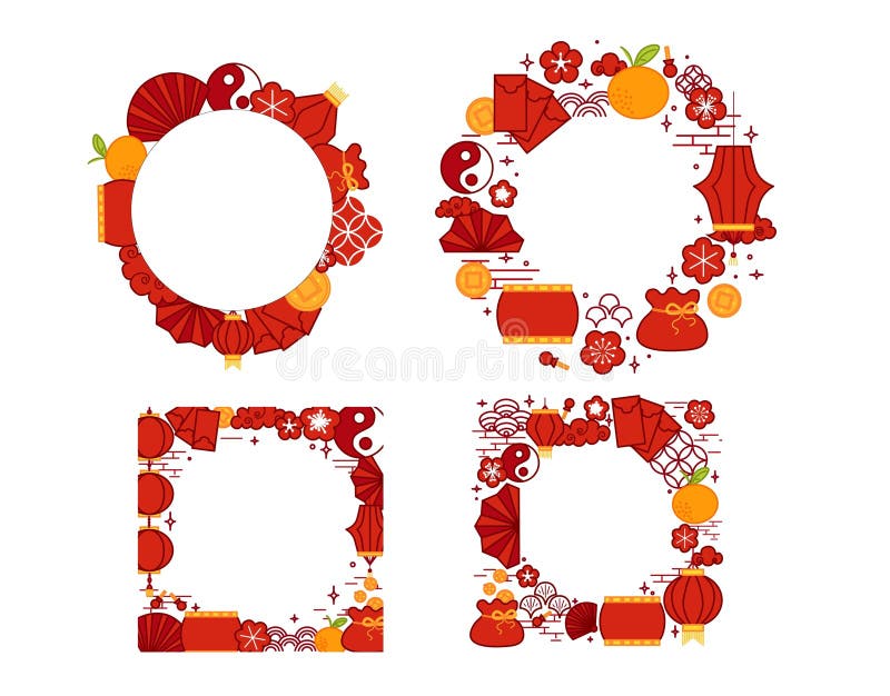 Chinese Lunar New Year Illustration Set. Circle Round Frames Templates ...