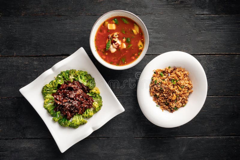 Chinese Lunch with Rice Marinated Beef and Soup Stock Image - Image of ...