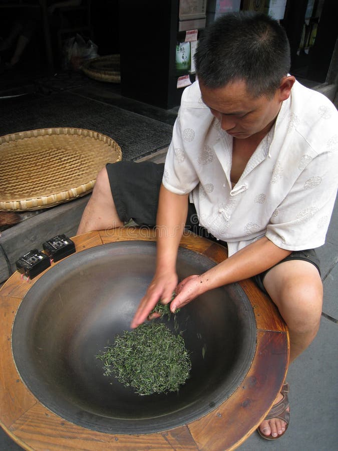Traditional Tea Making Drying Green Tea in Pan Processing by Hand at ...
