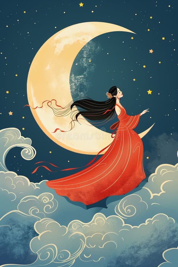 Chinese Moon Goddess Chang E Rests on Moon in Starry Sky. Generative AI ...
