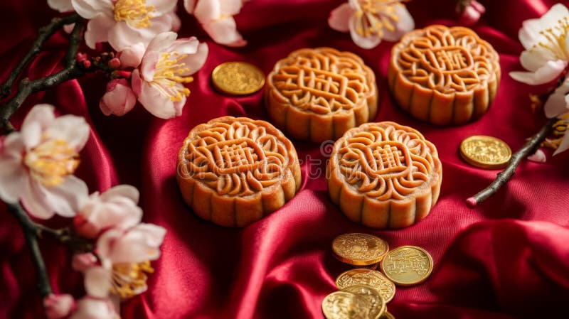 Chinese Mooncakes with Gold Coins and Blossom Branches on Red Silk ...