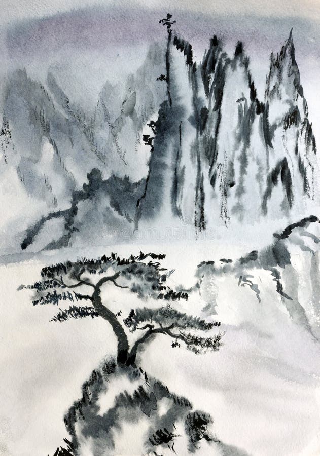 Chinese Landscape Mist Waterfall and Mountains Stock Illustration ...