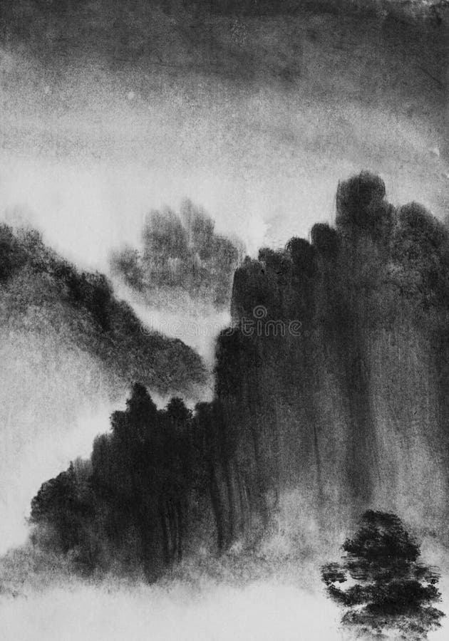 Chinese Mountains in the Mist Stock Illustration - Illustration of ...