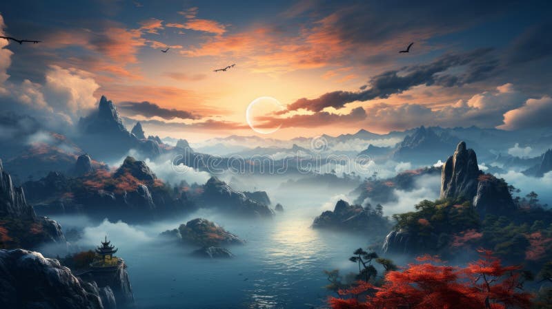 Chinese Mountains in the Mist Sunrise. Neural Network AI Generated ...
