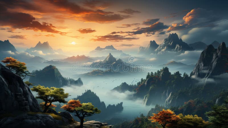 Chinese Mountains in a Light Red Gradient. AI Generated Stock ...