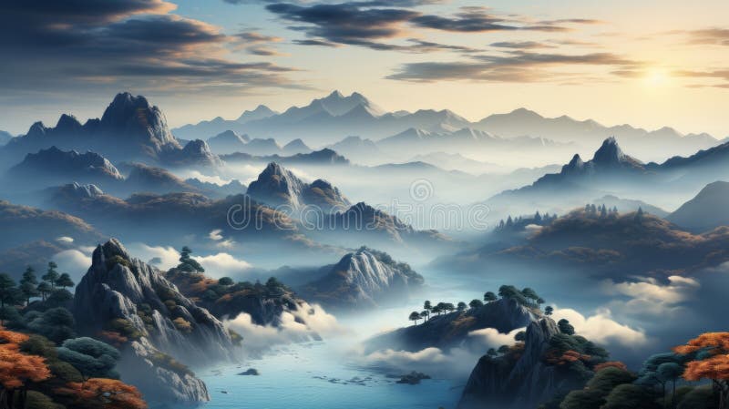 Chinese Mountains in the Mist Sunrise. Generative AI. Stock ...