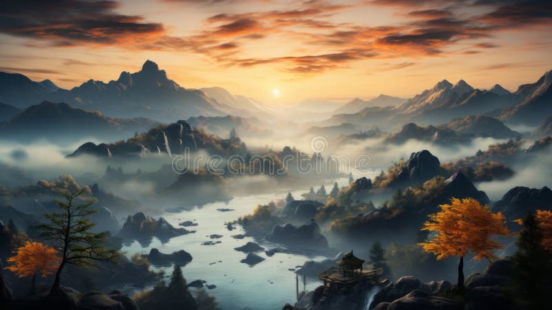 Chinese Mountains in the Mist Sunrise. Generative AI. Stock ...