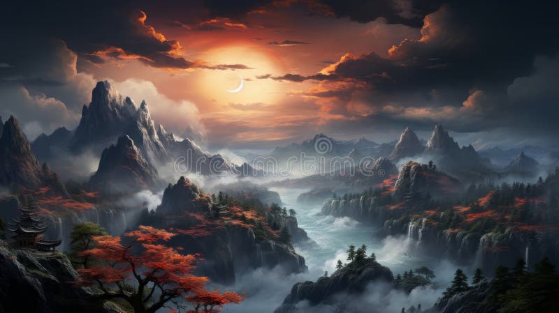 Chinese Mountains in the Mist Sunrise. Generative AI. Stock ...