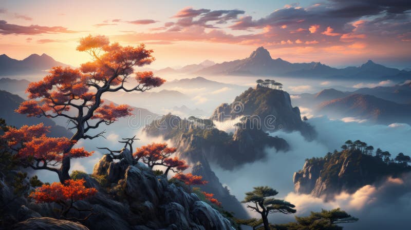 Chinese Mountains in the Mist Sunrise. Neural Network AI Generated ...