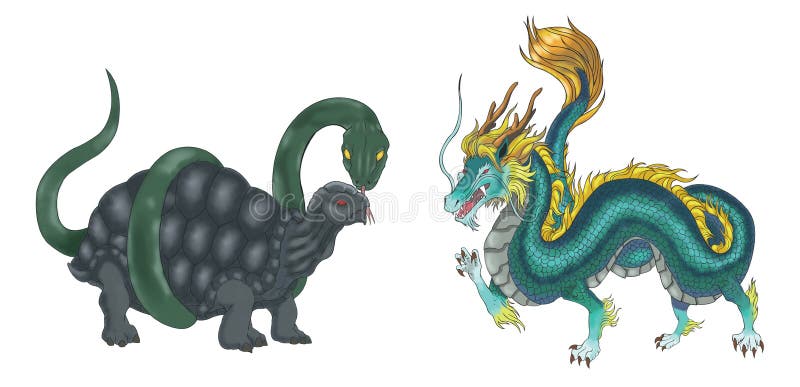4 Chinese Mythical Creature Gods (Shijin) Stock Illustration ...